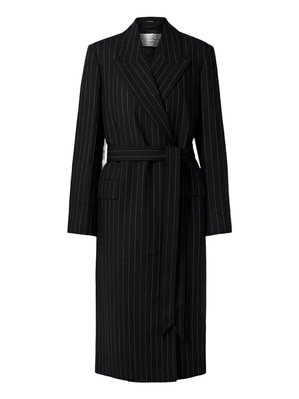 Acne Studios Belted Pinstriped Wool Coat - Black