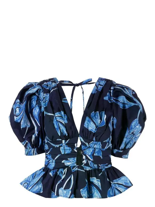 PatBO Nightflower Cotton Peplum Blouse - Blue