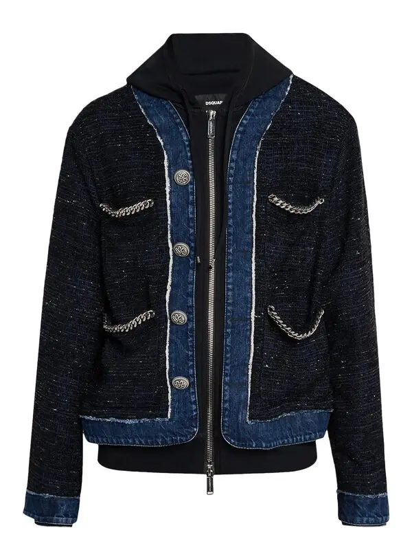 Dsquared2 Denim Boucle Chain-trim Hoodie Jacket - Black