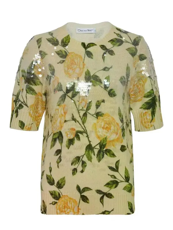 Oscar De La Renta English Rose-print Sequin-embellished Sweater - Yellow