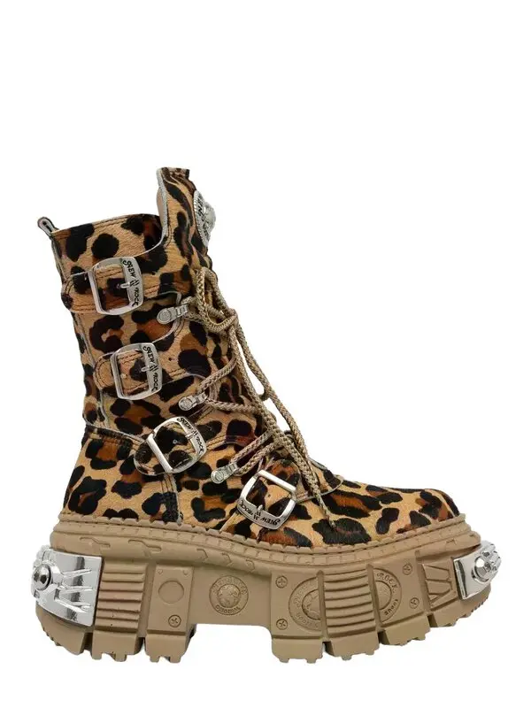 NEW ROCK 100mm Leopard Print Combat Boots - Brown