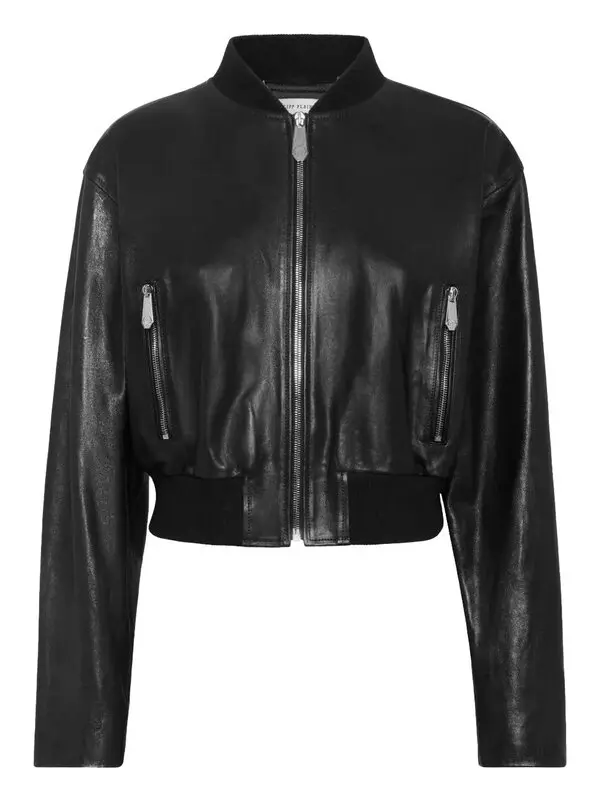 Philipp Plein Cropped Leather Bomber Jacket - Black