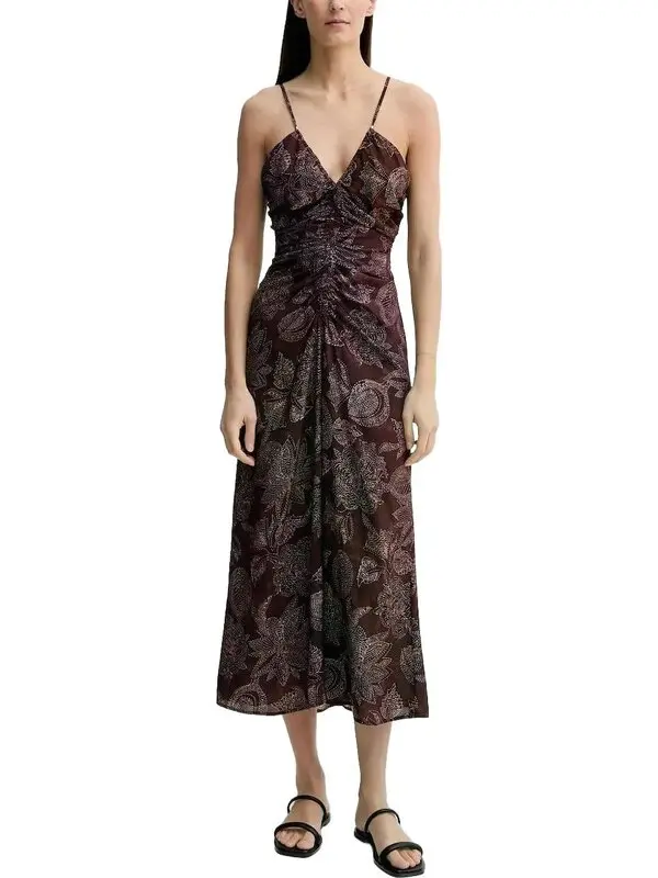 SESSUN Floral-print Gathered Midi Dress - Brown