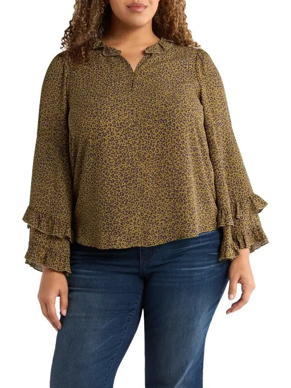 Wit & Wisdom Leopard Print Ruffle Blouse - Olive Tapenade/navy