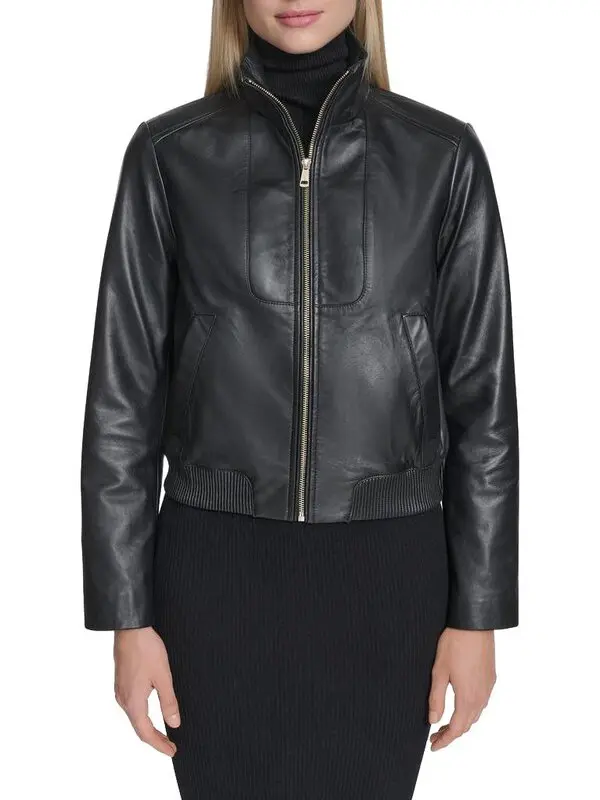 Cole Haan Stand Collar Leather Bomber Jacket - Black