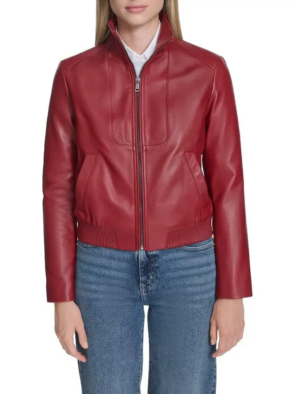 Cole Haan Stand Collar Leather Bomber Jacket - Dark Red