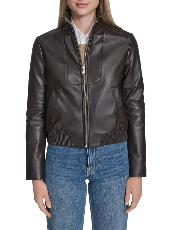 Cole Haan Stand Collar Leather Bomber Jacket - Deep Espresso