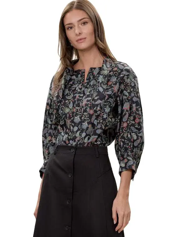 Rebecca Taylor Aurelia Floral Print Linen Blend Top - Navy Multi