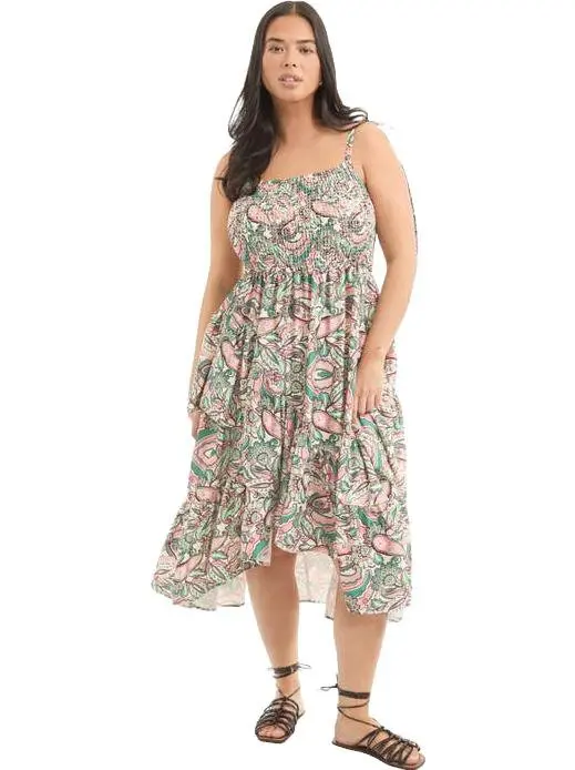 JUNE + VIE Tiered Smocked Midi Dress - Paisley Pink