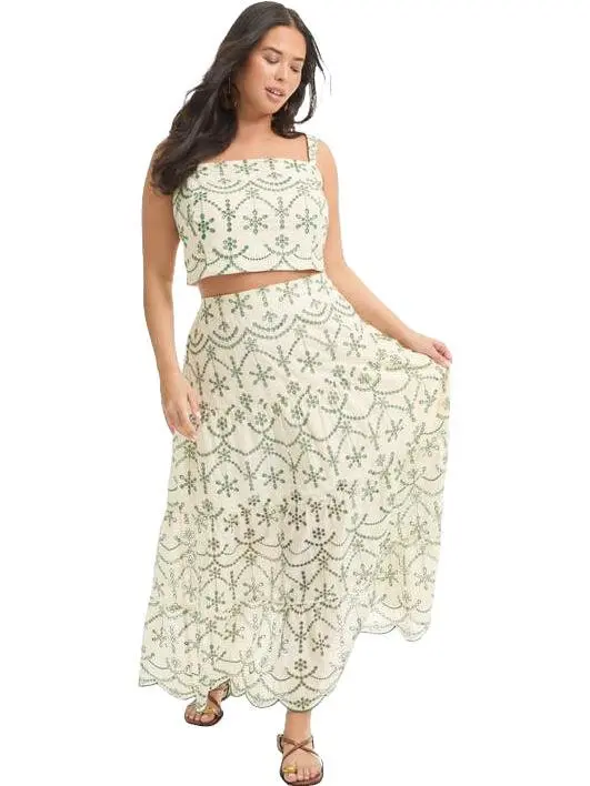 JUNE + VIE Eyelet Scalloped Hem Maxi Skirt - Embroidery