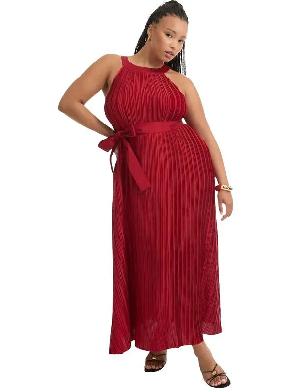 JUNE + VIE Pleated Halter Maxi Dress - Bold Red