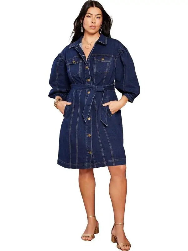 JUNE + VIE Denim Mini Shirt Dress - Dark Blue
