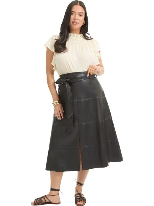 JUNE + VIE Paneled Faux Leather Midi Skirt - Black Onyx