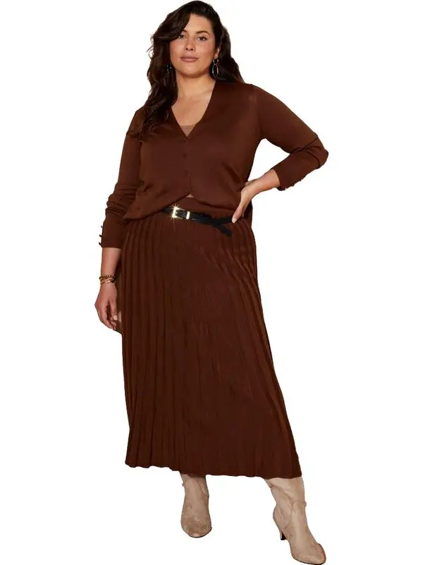JUNE + VIE Pleated Knit Midi Skirt - Cocoa Brown