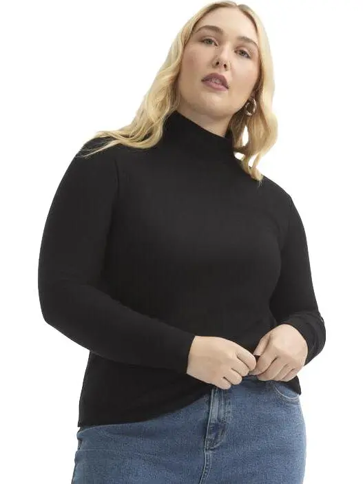 JUNE + VIE Ribbed Mock Neck Top - Black