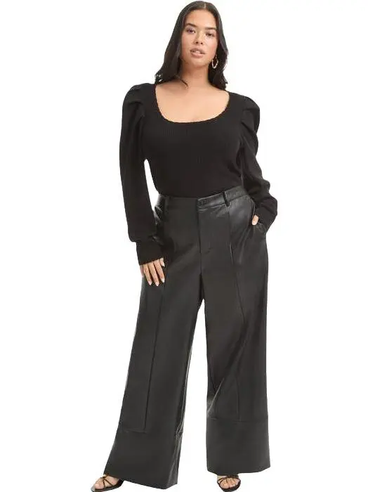 JUNE + VIE Faux Leather Cuffed Wide-leg Pants - Black Onyx