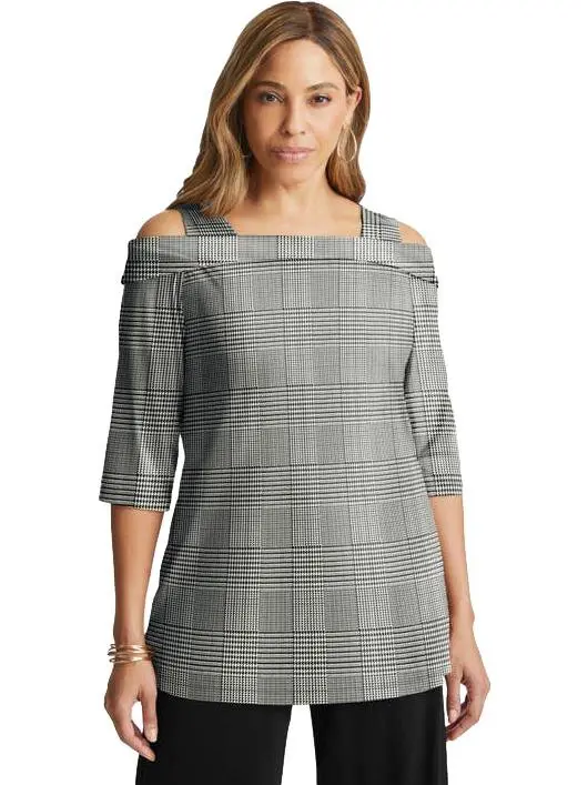 JESSICA LONDON Cold Shoulder Square Neck Top - Black Ivory Glen Plaid