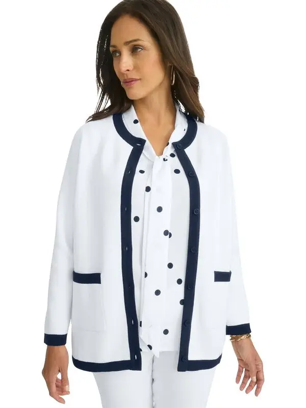 JESSICA LONDON Tipped Boxy Cardigan - White Navy
