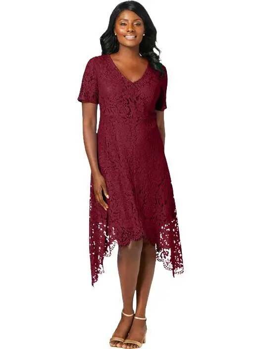 JESSICA LONDON Lace Handkerchief Dress - Rich Burgundy