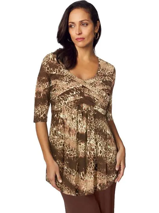JESSICA LONDON Stretch Knit Pleated Tunic - Creamy Mocha Print