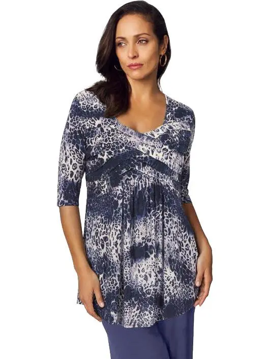 JESSICA LONDON Stretch Knit Pleated Tunic - Deep Dusk Print