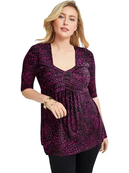 JESSICA LONDON Stretch Knit Pleated Tunic - Raspberry Abstract Dot