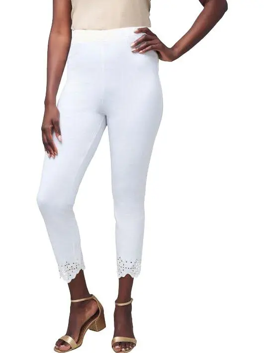 JESSICA LONDON Stretch Cotton Eyelet Capri Legging - White Floral Eyelet