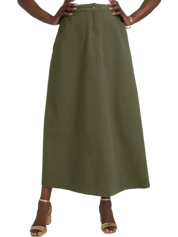 JESSICA LONDON Denim Inset Maxi Skirt - Dark Olive Green