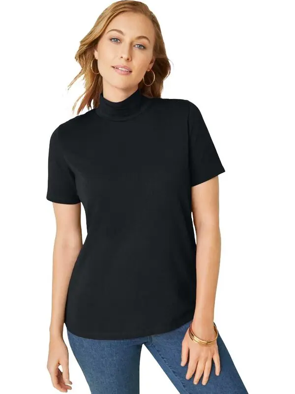 JESSICA LONDON Short Sleeve Mock Neck Tee - Black