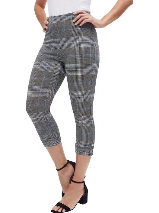JESSICA LONDON Stretch Cotton Capri Legging With Cuff Detail - Black Blue Plaid