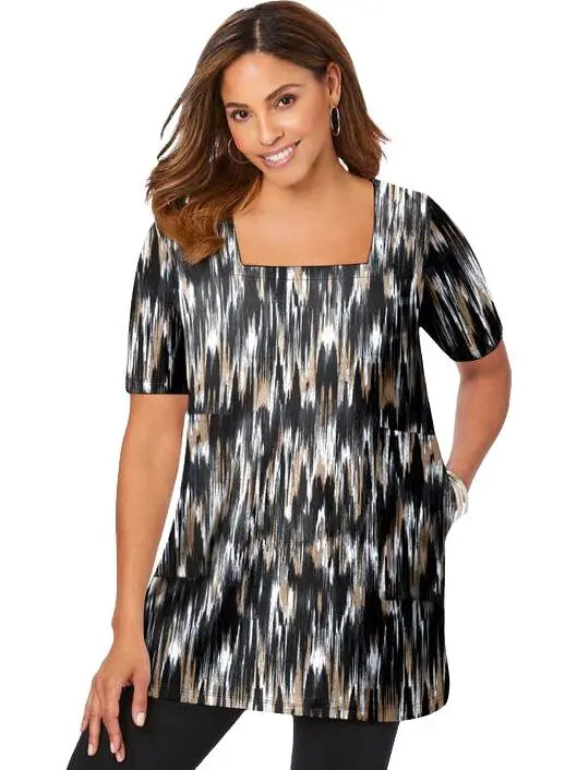 JESSICA LONDON Stretch Cotton Square Neck Tunic - Black Abstract Ikat