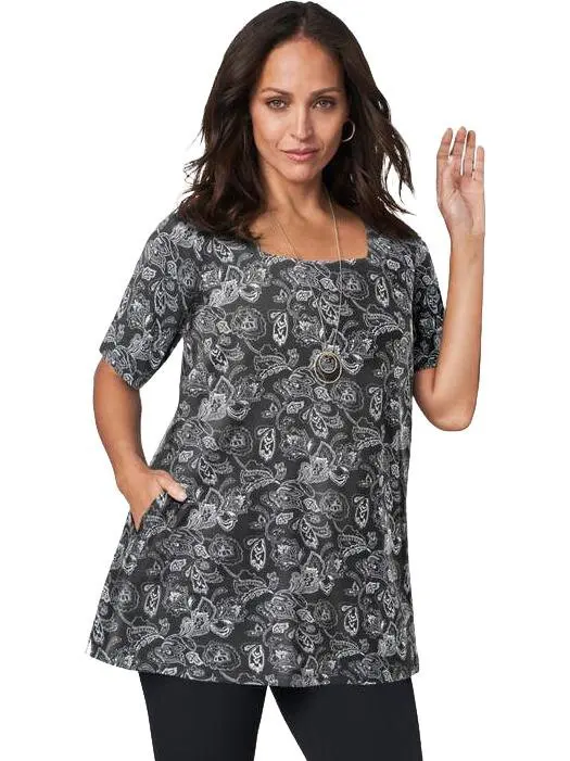 JESSICA LONDON Stretch Cotton Square Neck Tunic - Black Dancing Batik