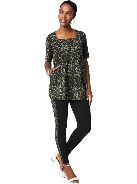 JESSICA LONDON Stretch Cotton Square Neck Tunic - Black Painterly Cheetah