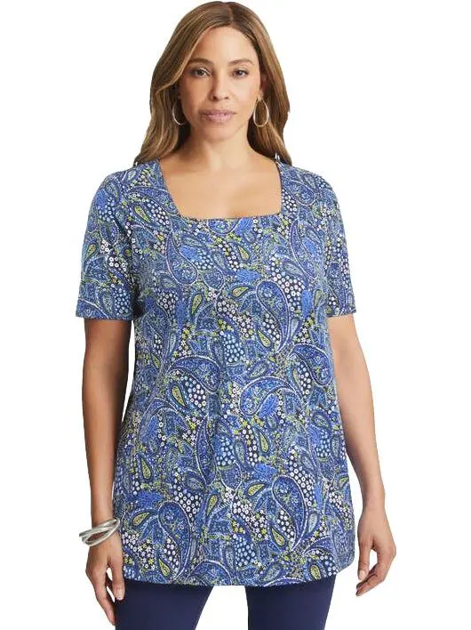 JESSICA LONDON Stretch Cotton Square Neck Tunic - Blue Garden Paisley