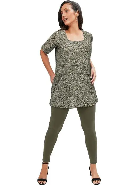 JESSICA LONDON Stretch Cotton Square Neck Tunic - Dark Olive Delicate Paisley