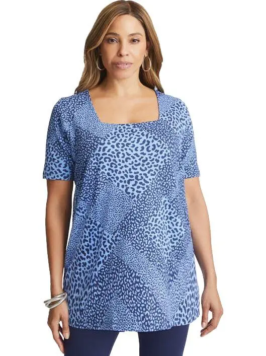 JESSICA LONDON Stretch Cotton Square Neck Tunic - French Blue Animal Patchwork