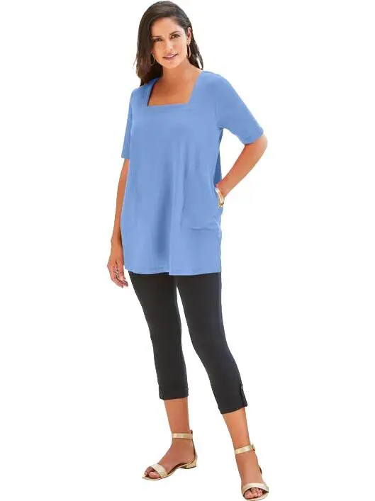 JESSICA LONDON Stretch Cotton Square Neck Tunic - French Blue