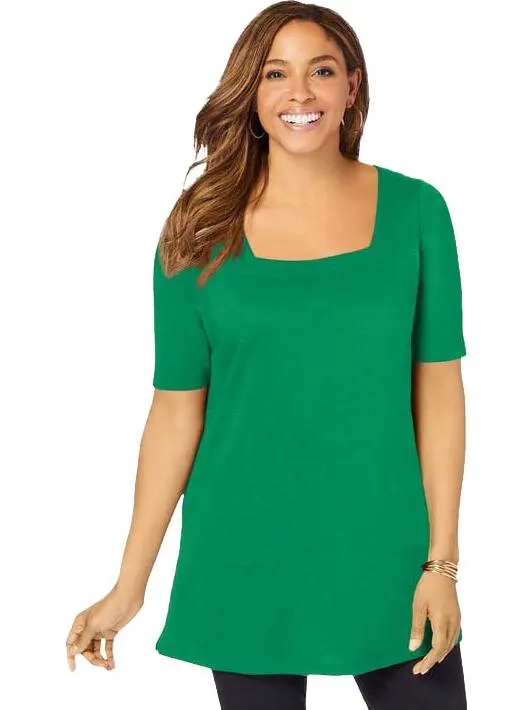 JESSICA LONDON Stretch Cotton Square Neck Tunic - Kelly Green
