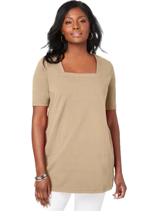 JESSICA LONDON Stretch Cotton Square Neck Tunic - New Khaki