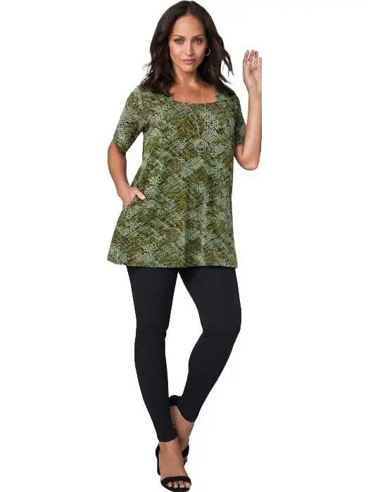 JESSICA LONDON Stretch Cotton Square Neck Tunic - Olive Drab Tribal Animal