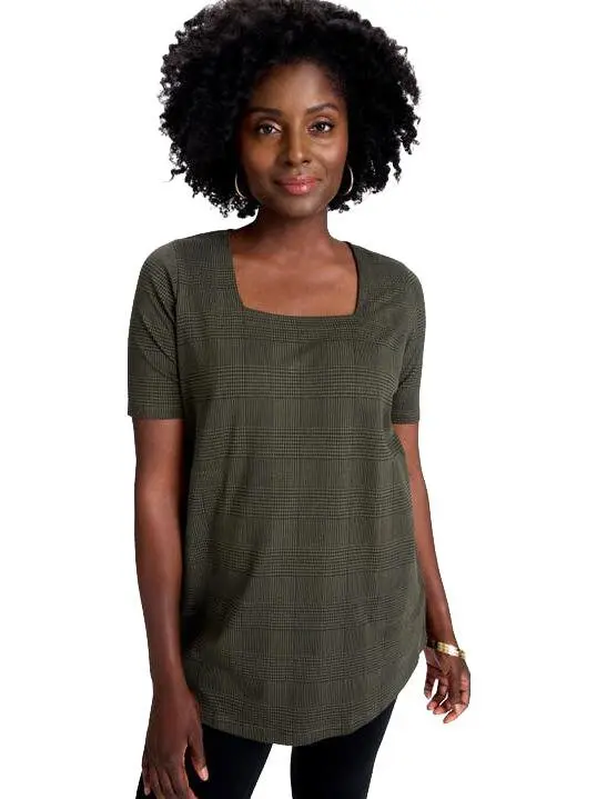 JESSICA LONDON Stretch Cotton Square Neck Tunic - Olive Green Glen Plaid