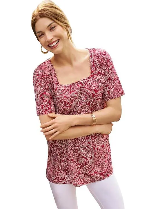 JESSICA LONDON Stretch Cotton Square Neck Tunic - Rich Burgundy Delicate Paisley
