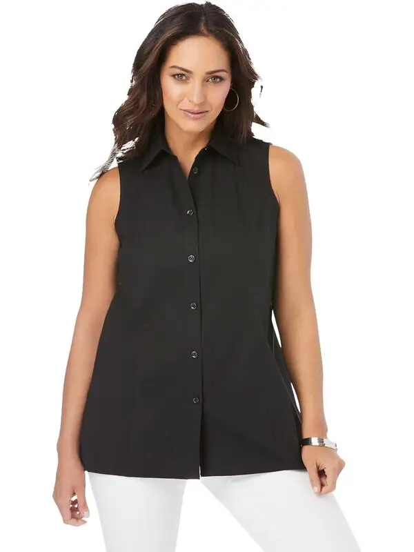 JESSICA LONDON Stretch Cotton Poplin Sleeveless Shirt - Black