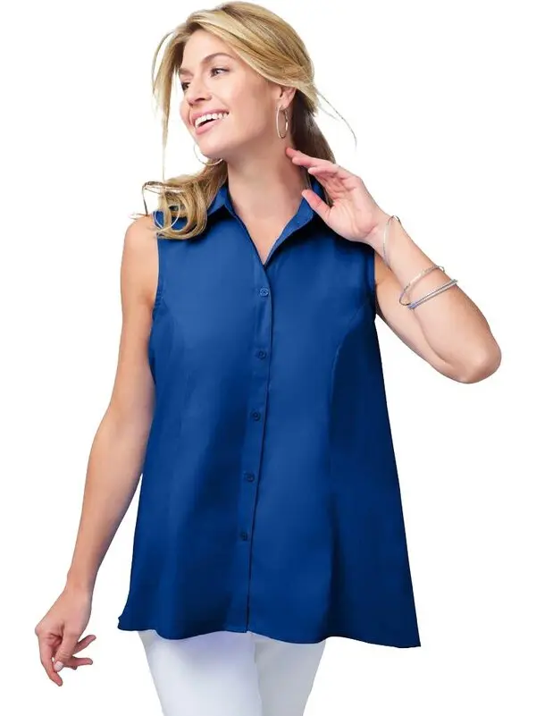JESSICA LONDON Stretch Cotton Poplin Sleeveless Shirt - Dark Sapphire