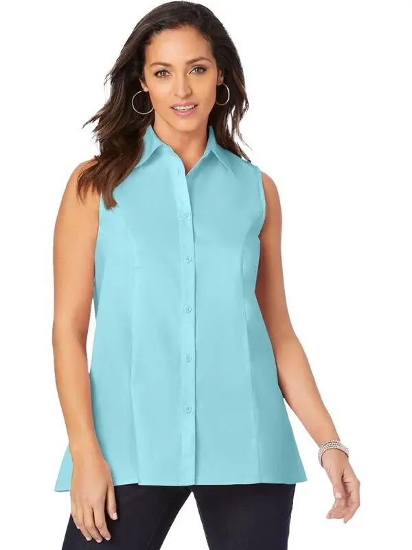 JESSICA LONDON Stretch Cotton Poplin Sleeveless Shirt - Light Aqua
