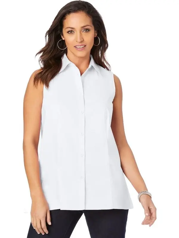 JESSICA LONDON Stretch Cotton Poplin Sleeveless Shirt - White