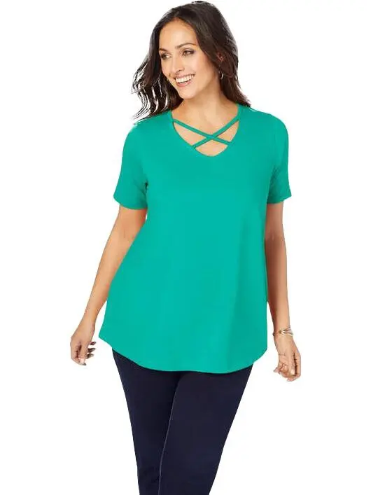 JESSICA LONDON Stretch Cotton Crisscross Strap Tee - Aqua Sea
