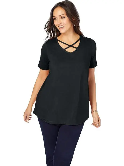 JESSICA LONDON Stretch Cotton Crisscross Strap Tee - Black