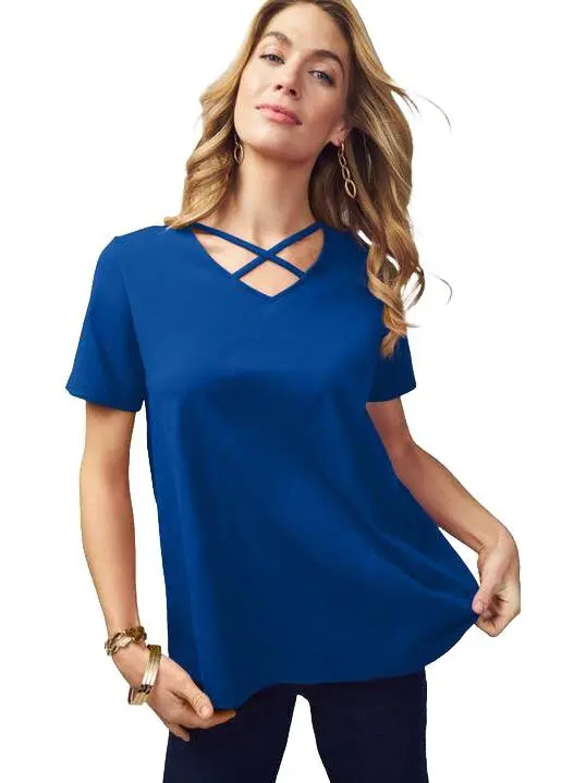 JESSICA LONDON Stretch Cotton Crisscross Strap Tee - Dark Sapphire