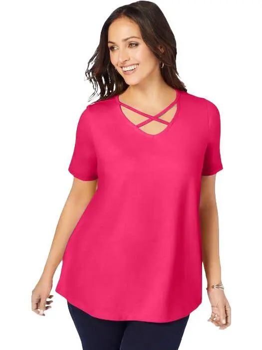 JESSICA LONDON Stretch Cotton Crisscross Strap Tee - Pink Burst